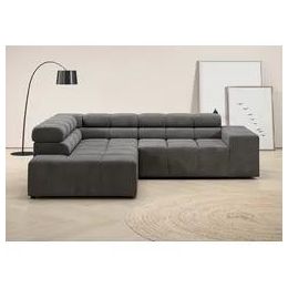 Ecksofa Inosign "Ancona, incl. Kopfteilverstellung + 3 Zierkissen L-Form" Sofas Gr. B/H/T: 249cm x 70cm x 215cm, Cord, Recamiere links, Element rechts mit Sitztiefenverstellung, grau (dunkelgrau) wahlweise motorische Sitztiefenverstellung, BT(H: 24921570 cm