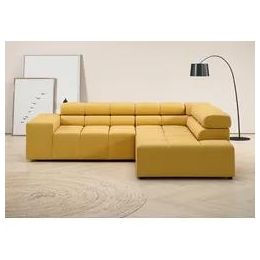 Ecksofa Inosign "Ancona, incl. Kopfteilverstellung + 3 Zierkissen L-Form" Sofas Gr. B/H/T: 249cm x 70cm x 215cm, Easy care, Recamiere rechts, ohne Sitztiefenverstellung, gelb wahlweise motorische Sitztiefenverstellung, BT(H: 24921570 cm