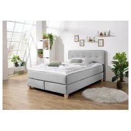 Boxspringbett Home Affaire "Fargo", grau, B:153cm L:207cm, Struktur fein (100% Polyester), Samtstoff (100% Polyester), Komplettbetten, inkl. Topper, in 3 Matratzenarten, in Samt- oder Strukturstoff