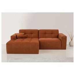 Ecksofa Inosign "Tapley" Sofas Gr. B/H/T: 221cm x 73cm x 154cm, Samt, Recamiere links, braun (cognac) Breite 221 cm, L-Form, in Lederoptik oder Struktur, mit Knopfsteppung