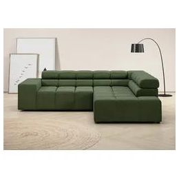 Ecksofa Inosign "Ancona, incl. Kopfteilverstellung + 3 Zierkissen L-Form" Sofas Gr. B/H/T: 249cm x 70cm x 215cm, Feincord, Recamiere rechts, Element links mit Sitztiefenverstellung, grün (oliv) wahlweise motorische Sitztiefenverstellung, BT(H: 24921570 cm