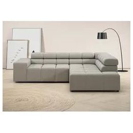 Ecksofa Inosign "Ancona, incl. Kopfteilverstellung + 3 Zierkissen L-Form" Sofas Gr. B/H/T: 249cm x 70cm x 215cm, Flachgewebe, Recamiere rechts, Element links mit Sitztiefenverstellung, grau (hellgrau) wahlweise motorische Sitztiefenverstellung, BT(H: 24921570 cm