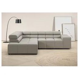 Ecksofa Inosign "Ancona, incl. Kopfteilverstellung + 3 Zierkissen L-Form", grau (hellgrau), B:249cm H:70cm T:215cm, 85% Polyester, 15% Viskose, Sofas, wahlweise motorische Sitztiefenverstellung, B/T(H: 249/215/70 cm