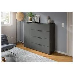 Kommode Inosign "Raio, Breite 135 cm, 1 Tür, 4 Schubkästen, Oberboden mit Glasplatte" Sideboards Gr. B/H/T: 135 cm x 112 cm x 40 cm, schwarz (anthrazit nachbildung) Anrichte, Sideboard, Highboard, Schrank