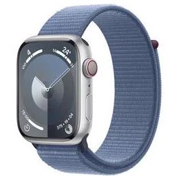 Smartwatch Apple "Watch Series 9 Aluminium" Smartwatches Gr. 45mm, Cellular, One-Size, Sport Loop, silberfarben (winterblau/silber) Sport Loop