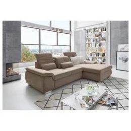 Ecksofa DIE PLANBAR "MP-IN16037 L-Form" Sofas Gr. B/H/T: 289cm x 85cm x 195cm, Material Bezug, Ottomane rechts, Kopfteilverstellung und Sitztiefenverstellung, braun (mandel) mit Sitztiefenverstellung & Zierkissen, Kaltschaum