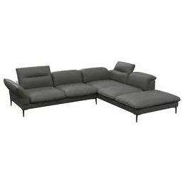 Ecksofa FLEXLUX "Salino, Funktionssofa mit Ottomane, Relaxsofa, Ecksofa" Sofas Gr. B/H/T: 287cm x 88cm x 239cm, Echtleder, lange Ottomane rechts, grau (warm mineral grey) Sofa mit Arm- und Kopfteil-Verstellungen, Kaltschaum & Stahl-Wellen