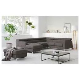 Wohnlandschaft COTTA "Sammy U-Form" Sofas Gr. B/H/T: 304cm x 74cm x 240cm, Chenille-Struktur, Recamiere links, Mit Kopfteilverstellung-Ohne Bettfunktion und Bettkasten, grau (stone) mit Kopfteilverstellung, optional Bettfunktion und Bettkasten