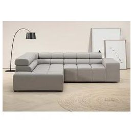 Ecksofa Inosign "Ancona, incl. Kopfteilverstellung + 3 Zierkissen L-Form", grau (hellgrau), B:249cm H:70cm T:215cm, 100% Polyester, Sofas, wahlweise motorische Sitztiefenverstellung, B/T(H: 249/215/70 cm