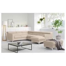 Wohnlandschaft COTTA "Sammy U-Form" Sofas Gr. B/H/T: 304cm x 74cm x 240cm, Chenille-Struktur, Recamiere rechts, Mit Kopfteilverstellung-Ohne Bettfunktion und Bettkasten, beige (nature) mit Kopfteilverstellung, optional Bettfunktion und Bettkasten