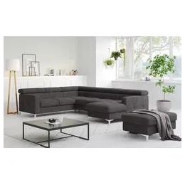 Wohnlandschaft COTTA "Sammy U-Form" Sofas Gr. B/H/T: 304cm x 74cm x 240cm, Chenille-Struktur, Recamiere rechts, Mit Kopfteilverstellung-Ohne Bettfunktion und Bettkasten, schwarz mit Kopfteilverstellung, optional Bettfunktion und Bettkasten