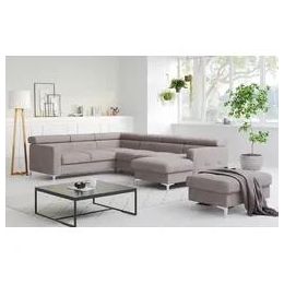 Wohnlandschaft COTTA "Sammy U-Form" Sofas Gr. B/H/T: 304cm x 74cm x 240cm, Struktur fein, Recamiere rechts, Mit Kopfteilverstellung-Ohne Bettfunktion und Bettkasten, grau (stone) mit Kopfteilverstellung, optional Bettfunktion und Bettkasten