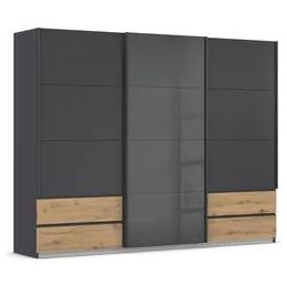 Schwebetürenschrank Rauch "Kleiderschrank Schrank Garderobe ELARA Glastür/Grauspiegel" Schränke Gr. B/H/T: 271cm x 210cm x 62cm, 3 St., grau (graumetallic/eiche artisan/glas basalt) praktische Schubladen optional farblich abgesetzt MADE IN GERMANY