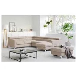 Wohnlandschaft COTTA "Sammy U-Form" Sofas Gr. B/H/T: 304cm x 74cm x 240cm, Struktur fein, Recamiere rechts, Mit Kopfteilverstellung-Mit Bettfunktion und Bettkasten, grau (platinum) mit Kopfteilverstellung, optional Bettfunktion und Bettkasten