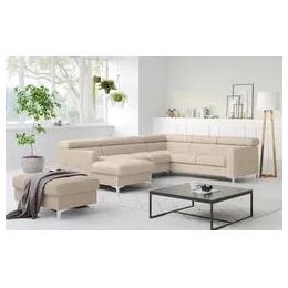 Wohnlandschaft COTTA "Sammy U-Form" Sofas Gr. B/H/T: 304cm x 74cm x 240cm, Chenille-Struktur, Recamiere links, Mit Kopfteilverstellung-Ohne Bettfunktion und Bettkasten, beige (nature) mit Kopfteilverstellung, optional Bettfunktion und Bettkasten