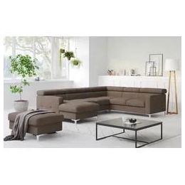 Wohnlandschaft COTTA "Sammy U-Form" Sofas Gr. B/H/T: 304cm x 74cm x 240cm, Chenille-Struktur, Recamiere links, Mit Kopfteilverstellung-Mit Bettfunktion und Bettkasten, grau (taupe) mit Kopfteilverstellung, optional Bettfunktion und Bettkasten