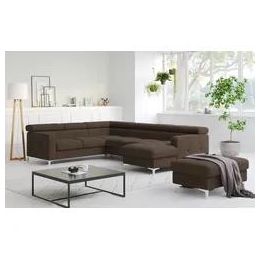 Wohnlandschaft COTTA "Sammy U-Form" Sofas Gr. B/H/T: 304cm x 74cm x 240cm, Chenille-Struktur, Recamiere rechts, Mit Kopfteilverstellung-Ohne Bettfunktion und Bettkasten, braun (espresso) mit Kopfteilverstellung, optional Bettfunktion und Bettkasten