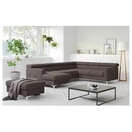 Wohnlandschaft COTTA "Sammy U-Form" Sofas Gr. B/H/T: 304cm x 74cm x 240cm, Struktur fein, Recamiere links, Mit Kopfteilverstellung-Ohne Bettfunktion und Bettkasten, braun (mud) mit Kopfteilverstellung, optional Bettfunktion und Bettkasten