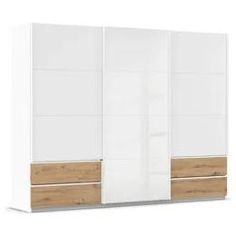 Schwebetürenschrank Rauch "Kleiderschrank Schrank Garderobe ELARA Glastür/Grauspiegel" Schränke Gr. B/H/T: 271 cm x 210 cm x 62 cm, 3 St., weiß (alpinweiß, eiche artisan, glas weiß) praktische Schubladen optional farblich abgesetzt MADE IN GERMANY