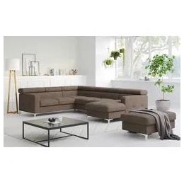 Wohnlandschaft COTTA "Sammy U-Form" Sofas Gr. B/H/T: 304cm x 74cm x 240cm, Chenille-Struktur, Recamiere rechts, Mit Kopfteilverstellung-Ohne Bettfunktion und Bettkasten, grau (taupe) mit Kopfteilverstellung, optional Bettfunktion und Bettkasten