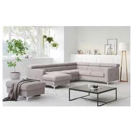 Wohnlandschaft COTTA "Sammy U-Form" Sofas Gr. B/H/T: 304cm x 74cm x 240cm, Struktur fein, Recamiere links, Mit Kopfteilverstellung-Mit Bettfunktion und Bettkasten, grau (mouse) mit Kopfteilverstellung, optional Bettfunktion und Bettkasten