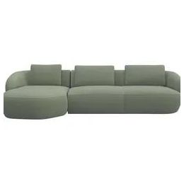 Wohnlandschaft FLEXLUX "Torino, rund, L-Form, Sofa-Ecke mit Recamiere, Longchair-Sofa" Sofas Gr. B/H/T: 307cm x 85cm x 146cm, Chenille-Struktur, Chaiselongue links, grün (olive) Modernes, organisches Sofa-Design, Kaltschaum, Wellenunterfederung