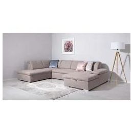 Wohnlandschaft Home Affaire "KARDA B/T/H: 328/215/95 cm, Liegefläche 256/126 cm" Sofas Gr. B/H/T: 328cm x 95cm x 215cm, Luxus-Microfaser weich, Ottomane rechts, grau (taupe) verstellbare Kopfstützen und Armlehne, U-form, Bettkasten, Federkern