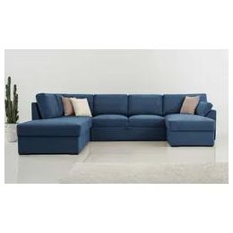 Wohnlandschaft Home Affaire "Citry Schlafsofa" Sofas Gr. B/H/T: 309cm x 88cm x 224cm, Chenille, Ottomane links, blau (dunkelblau) Breite 309 cm, Chenille, Bettfunktion, Bettkasten, U-Form