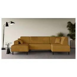 Wohnlandschaft Home Affaire "Wohnlandschaft Arros U-Form, mit Wellenunterfederung" Sofas Gr. B/H/T: 300 cm x 81 cm x 163 cm, Cord, Recamiere links, gelb incl. loser Zierkissen, Maße BTH: 30016381 cm, auch in Cord