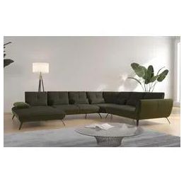 Wohnlandschaft Places of Style "Mikado U-Form" Sofas Gr. B/H/T: 376cm x 88cm x 297cm, Flachgewebe-Samtoptik, Recamiere links, inkl.Sitztiefenverstellung-mit Click&Seat Schnellbefestigungssystem für Rückenlehne-mit Armteilverstellung in Recamiere, grün (dunkelgrün) inkl. Sitztiefenverstellung und Armteilverstellung