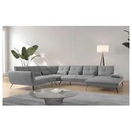 Wohnlandschaft Places of Style "Mikado U-Form" Sofas Gr. B/H/T: 376cm x 88cm x 297cm, Flachgewebe-Samtoptik, Recamiere rechts, inkl.Sitztiefenverstellung-mit Click&Seat Schnellbefestigungssystem für Rückenlehne-mit Armteilverstellung in Recamiere, silberfarben inkl. Sitztiefenverstellung und Armteilverstellung