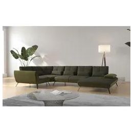 Wohnlandschaft Places of Style "Mikado U-Form" Sofas Gr. B/H/T: 376cm x 88cm x 226cm, Flachgewebe-Samtoptik, Recamiere rechts, inkl.Sitztiefenverstellung-mit Click&Seat Schnellbefestigungssystem für Rückenlehne-mit Armteilverstellung in Recamiere, grün (dunkelgrün) inkl. Sitztiefenverstellung und Armteilverstellung