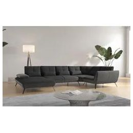 Wohnlandschaft Places of Style "Mikado U-Form" Sofas Gr. B/H/T: 376cm x 88cm x 226cm, Flachgewebe-Samtoptik, Recamiere links, inkl.Sitztiefenverstellung-mit Click&Seat Schnellbefestigungssystem für Rückenlehne-mit Armteilverstellung in Recamiere, grau (charcoal) inkl. Sitztiefenverstellung und Armteilverstellung