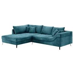 Ecksofa Inosign "Portofino" Sofas Gr. B/H/T: 317cm x 98cm x 228cm, Velours, Recamiere links, blau (dolce 13 ocean) 4 Bezugsqualitäten, 13,5 cm hohe Metall-Profilfüße in matt-schwarz