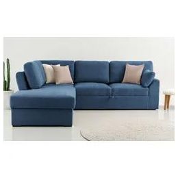 Ecksofa Home Affaire "Citry Schlafsofa" Sofas Gr. B/H/T: 242cm x 88cm x 224cm, Chenille, Ottomane links, blau (dark blue) Breite 242 cm, Chenille, Bettfunktion, Bettkasten, L-Form