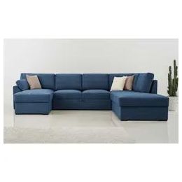 Wohnlandschaft Home Affaire "Citry Schlafsofa" Sofas Gr. B/H/T: 309cm x 88cm x 224cm, Chenille, Ottomane rechts, blau (dunkelblau) Breite 309 cm, Chenille, Bettfunktion, Bettkasten, U-Form