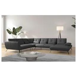 Wohnlandschaft Places of Style "Mikado U-Form" Sofas Gr. B/H/T: 376cm x 88cm x 297cm, Flachgewebe LINO, Recamiere rechts, inkl.Sitztiefenverstellung-mit Click&Seat Schnellbefestigungssystem für Rückenlehne-mit Armteilverstellung in Recamiere, grau (dunkelgrau) inkl. Sitztiefenverstellung und Armteilverstellung