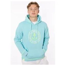 Hoodie ZwillingSHERZ ""Anker & Moin" Herren", Herren, Gr. L, blau (türkis), Sweatware, Obermaterial: 50% Baumwolle, 50% Polyester, unifarben, modisch, Basic, Rundhals, Langarm angesetztes Bündchen, Sweatshirts, mit neongelber Kontrastnaht