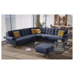 Sit & More Ecksofa SIT & MORE "Orient 1 V L-Form" Sofas Gr. B/H/T: 299cm x 88cm x 279cm, Samtoptik, langer Schenkel rechts, blau inkl. 4 Zierkissen mit Strass-Stein, goldfarbene Metallfüße