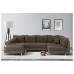 Wohnlandschaft Home Affaire "CHARRE U-Form, incl. 3 Zierkissen" Sofas Gr. B/H/T: 310cm x 81cm x 161cm, Struktur weich, Recamiere links, braun auch in Cord und Bouclé, feine Steppung, lose Rückenkissen