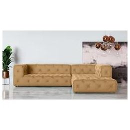 Ecksofa Places of Style "FOLLINA" Sofas Gr. B/H/T: 325cm x 71cm x 228cm, Samtvelours, Ottomane rechts, goldfarben (gold) L-Form, mit klassischer Chesterfield-Knopfheftung