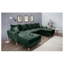 Wohnlandschaft Collection AB "Raisa U-Form" Sofas Gr. B/H/T: 314cm x 45cm x 158cm, Samt-Cord, Mit Federkern, grün mit Federkern, Kissen und Steppung im Sitzbereich