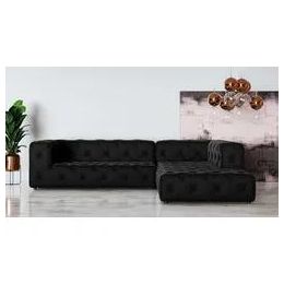 Ecksofa Places of Style "FOLLINA" Sofas Gr. B/H/T: 325cm x 71cm x 228cm, Samtvelours, Ottomane rechts, schwarz L-Form, mit klassischer Chesterfield-Knopfheftung