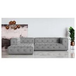 Ecksofa Places of Style "FOLLINA" Sofas Gr. B/H/T: 325cm x 71cm x 228cm, Samtvelours, Ottomane links, grau L-Form, mit klassischer Chesterfield-Knopfheftung