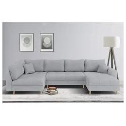 Wohnlandschaft Home Affaire "CHARRE U-Form, incl. 3 Zierkissen" Sofas Gr. B/H/T: 310cm x 81cm x 161cm, Struktur weich, Recamiere rechts, grau auch in Cord und Bouclé, feine Steppung, lose Rückenkissen