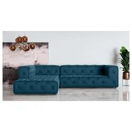 Ecksofa Places of Style "FOLLINA" Sofas Gr. B/H/T: 325cm x 71cm x 228cm, Samtvelours, Ottomane links, blau (dunkelblau) L-Form, mit klassischer Chesterfield-Knopfheftung