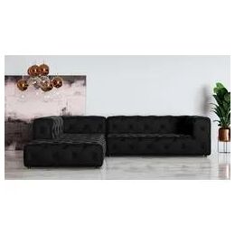 Ecksofa Places of Style "FOLLINA" Sofas Gr. B/H/T: 325cm x 71cm x 228cm, Samtvelours, Ottomane links, schwarz L-Form, mit klassischer Chesterfield-Knopfheftung