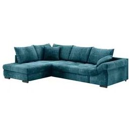 Ecksofa Inosign "Allegro DuraFlex, L-Form" Sofas Gr. B/H/T: 303cm x 86cm x 202cm, Velours, Ottomane links, blau (dolce 13 ocean) Hochschläfer-Bettauszug, Kaltschaumpolsterung, bis 140 kg belastbar