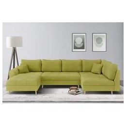 Wohnlandschaft Home Affaire "CHARRE U-Form, incl. 3 Zierkissen" Sofas Gr. B/H/T: 310cm x 81cm x 161cm, Struktur weich, Recamiere links, grün auch in Cord und Bouclé, feine Steppung, lose Rückenkissen