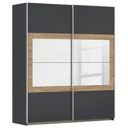 Schwebetürenschrank Rauch "Kleiderschrank Schrank Garderobe TARRAGONA in 3 Breiten" Schränke Gr. B/H/T: 181 cm x 210 cm x 62 cm, 2 St., grau (graumetallic, eiche artisan) Spiegelmitteltüren mit Rahmen in Absetzungsfarbe